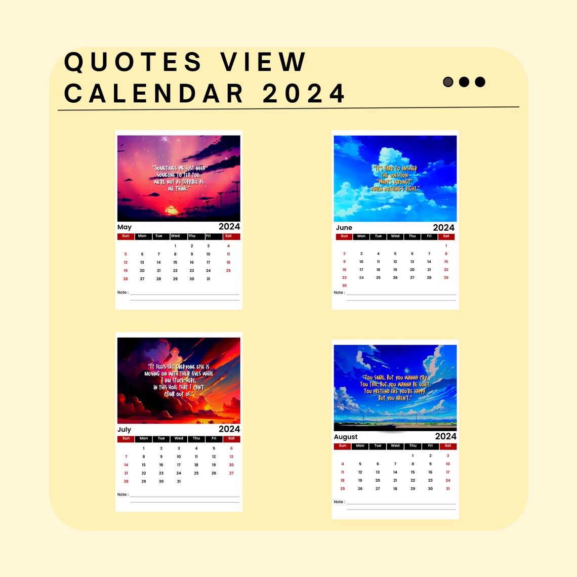Words Quotes Calendar 2024, Printable Calendar, Digital Download ...