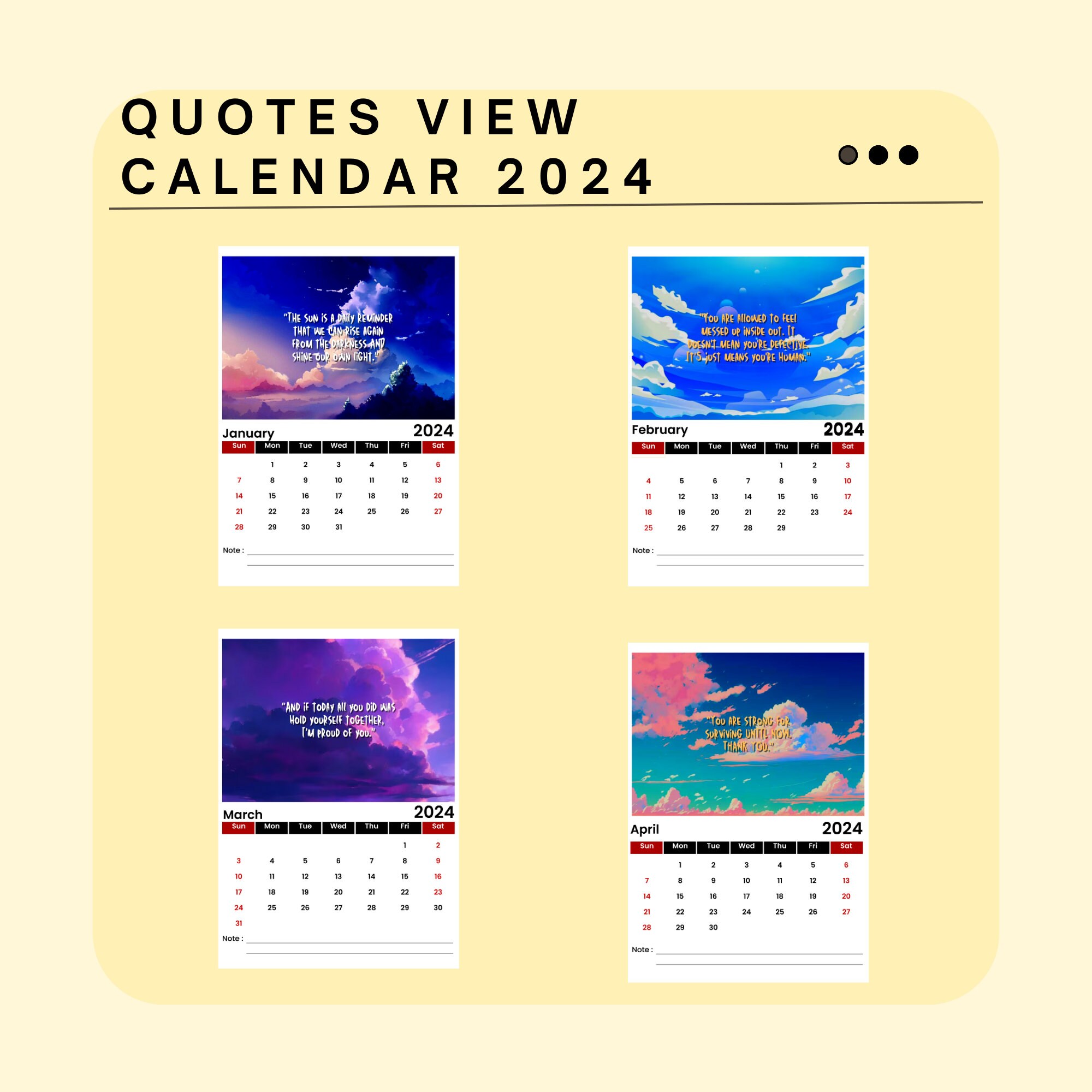 Words Quotes Calendar 2024, Printable Calendar, Digital Download ...