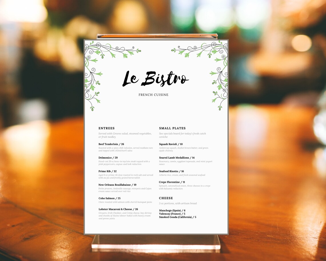 Menu Templates French Inspired Restaurant Bistro Menu Canva Templates ...