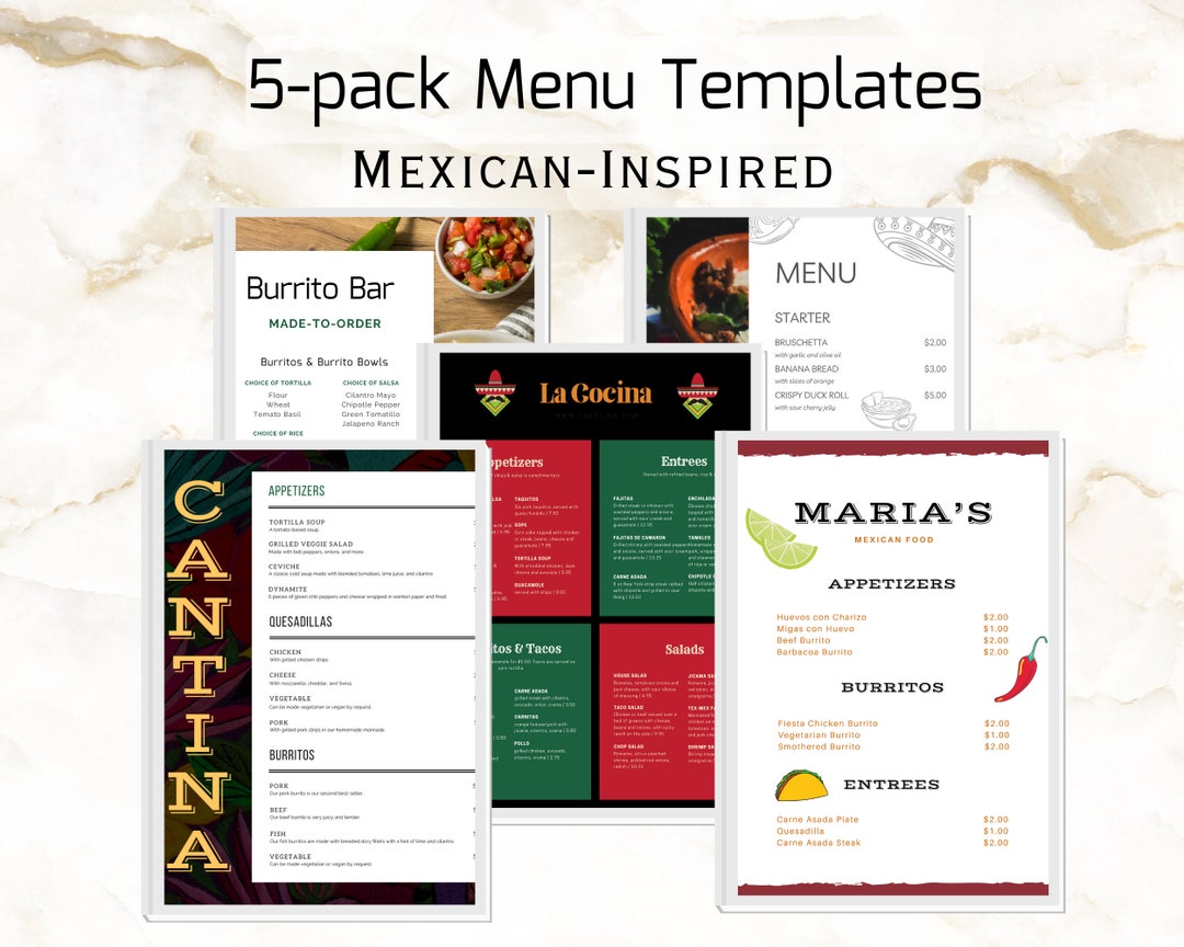 Mexican Food Menu Templates 5-pack Fully Editable Canva Templates ...