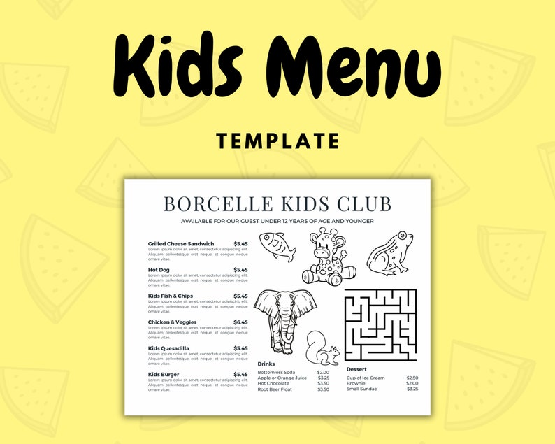 Kids' Coloring Activity Menu Template for Restaurants and Bars - Etsy
