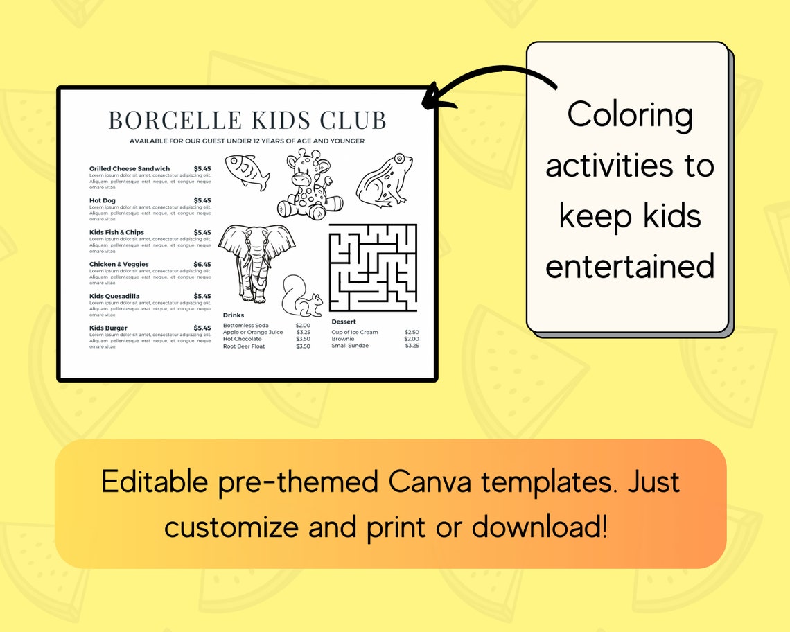 Menu Template for Kids Fun Coloring Activity Page Restaurants Bars ...
