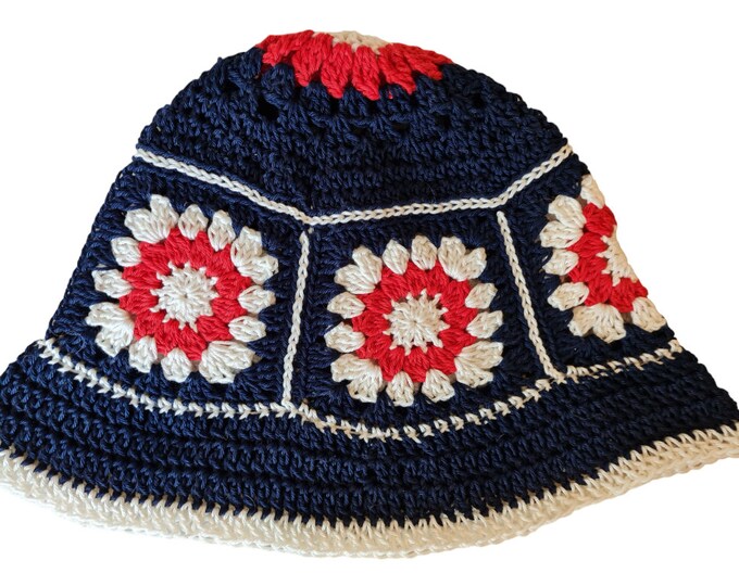 Navy Red & White Boho Bucket Hat Granny Square Crochet - Etsy