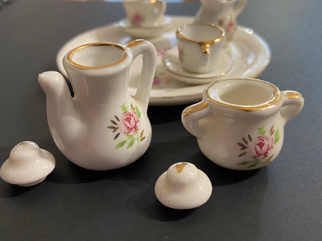 Miniature Tea Set in Fine Bone China Porcelain, Cups and Saucers, Sugar ...