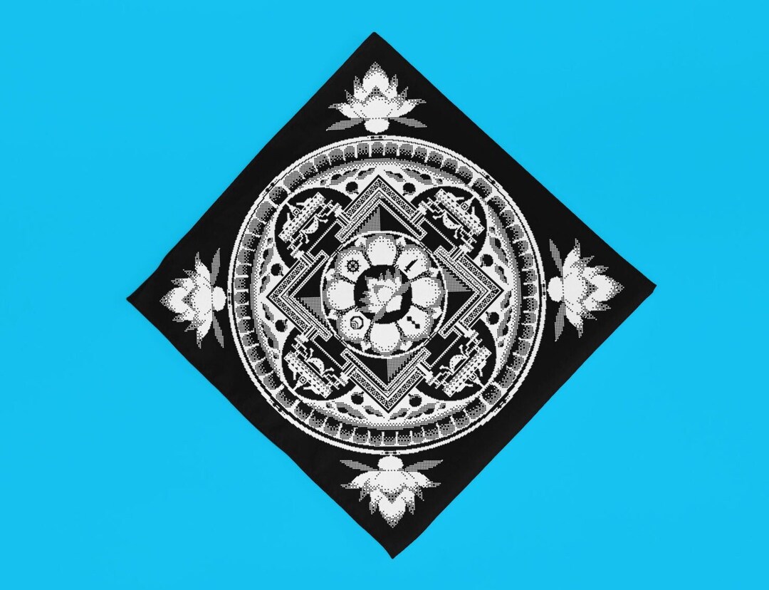 Groovy Mandala Bandana, Black and White Pixel Art of Buddhist Lotus ...