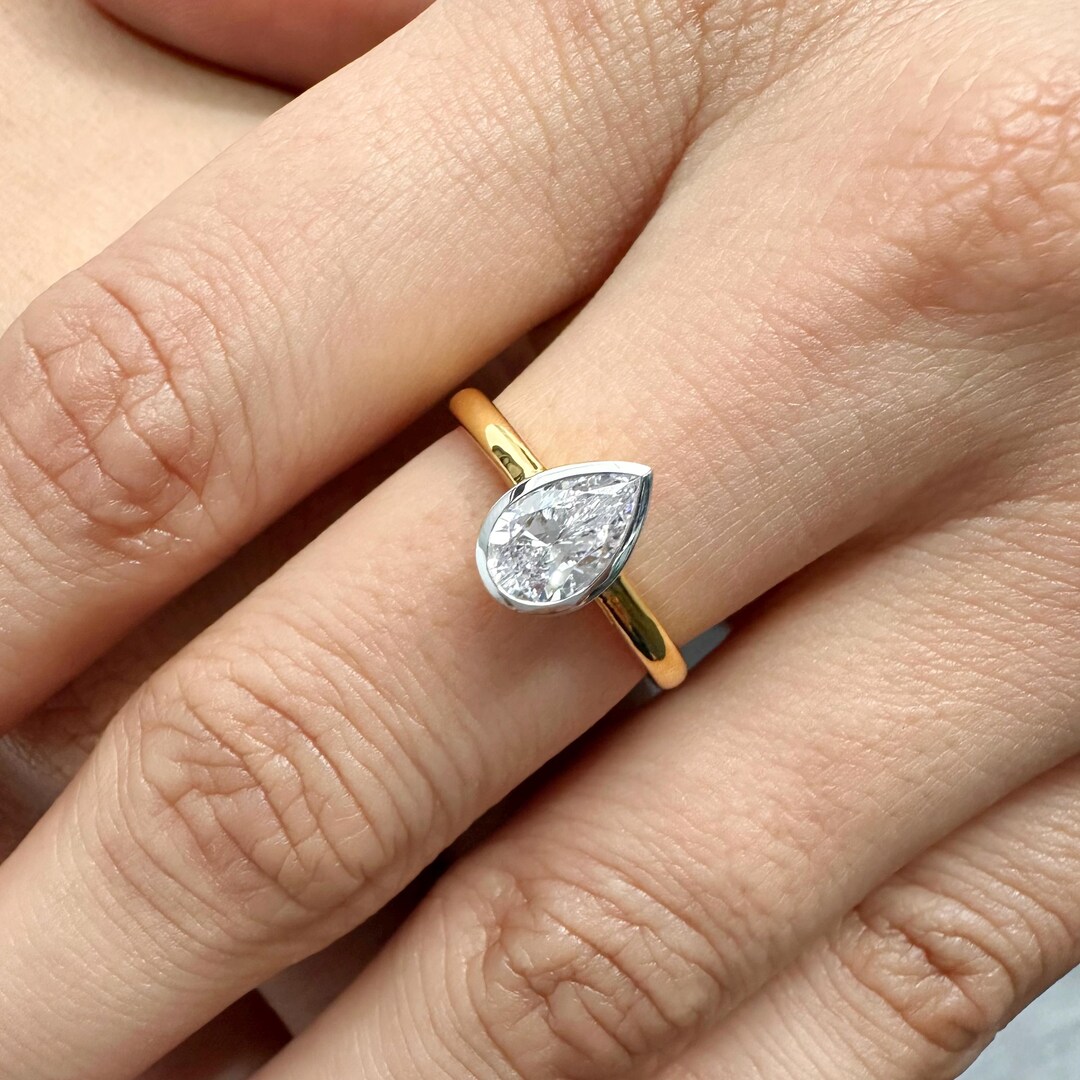 Pear Cut Engagement Ring 14k Solid Gold Bezel Set Pear Shape Lab Grown ...