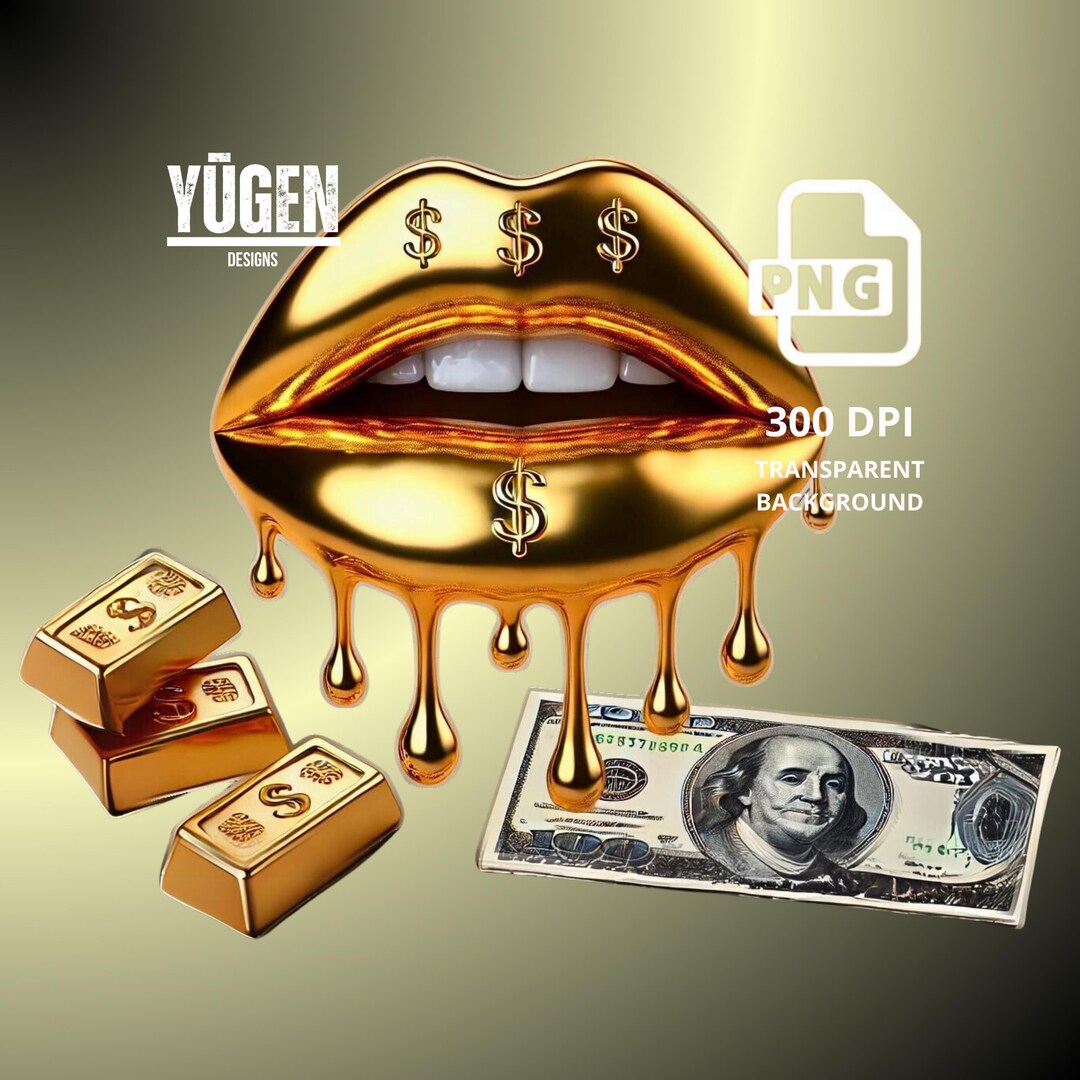 Dripping Money Themed Golden Female Lips Png, Retro Sublimation Design ...