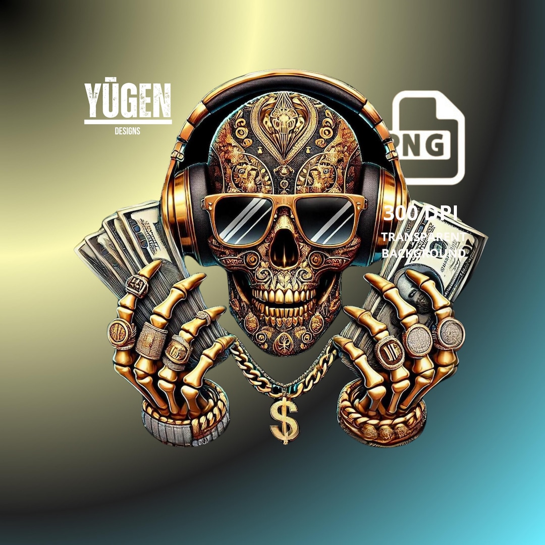 Hip Hop Skull T-shirt Design Money Themed PNG, Gold Themed, Digital ...
