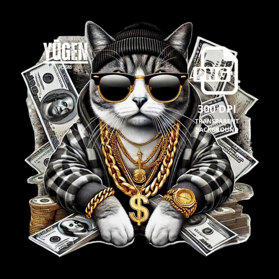 Gangsta Cat, Gold Hip Hop Kitten, Money Themed PNG, Trendy Graffiti Cat ...
