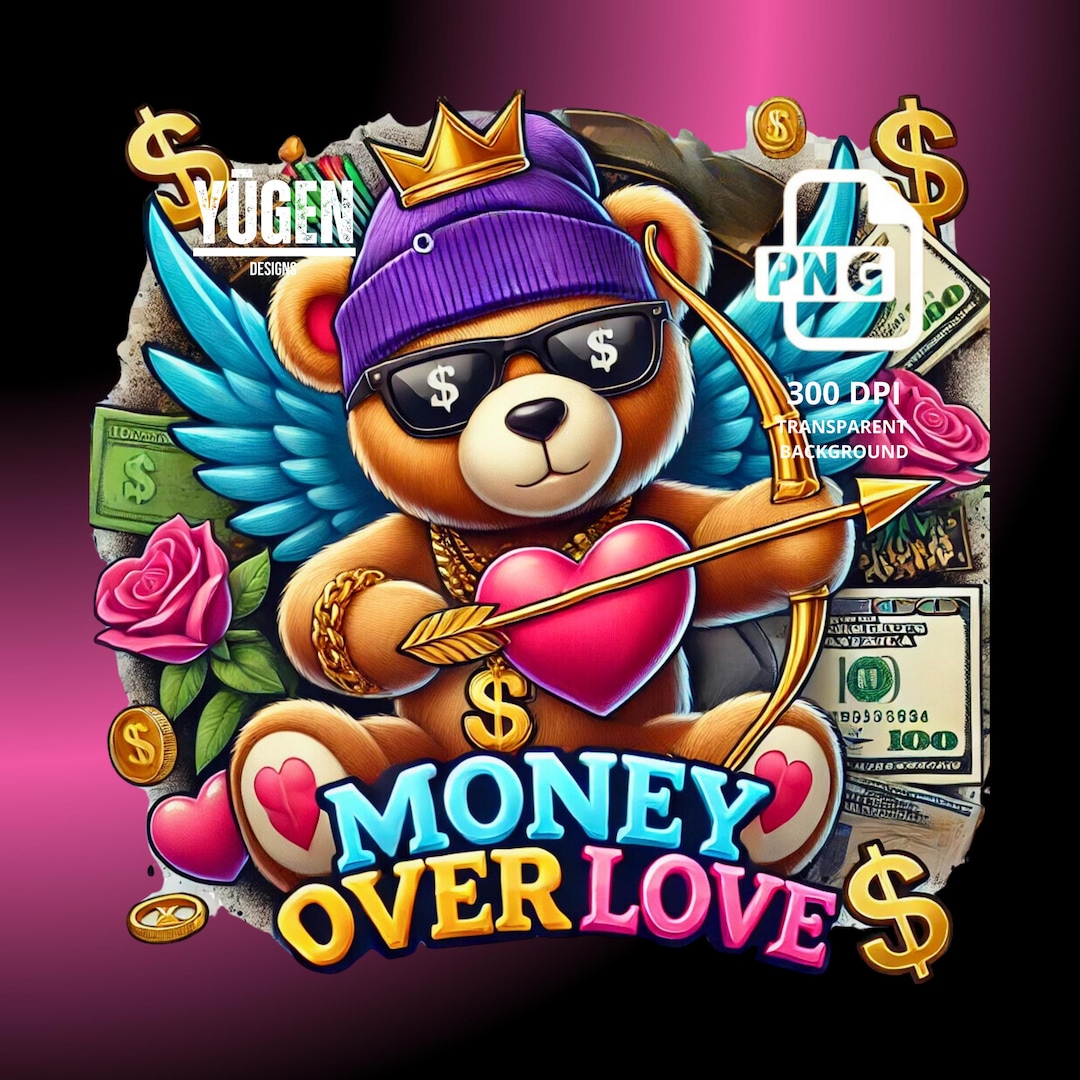 Money Over Love Cupid Thug Teddy Bear Png, Money Themed Retro Valentine ...