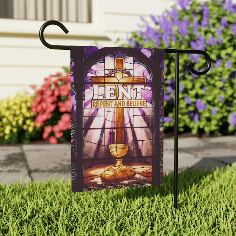 Catholic Lent Garden Banner "repent and Believe" - Stained Glass Cross ...