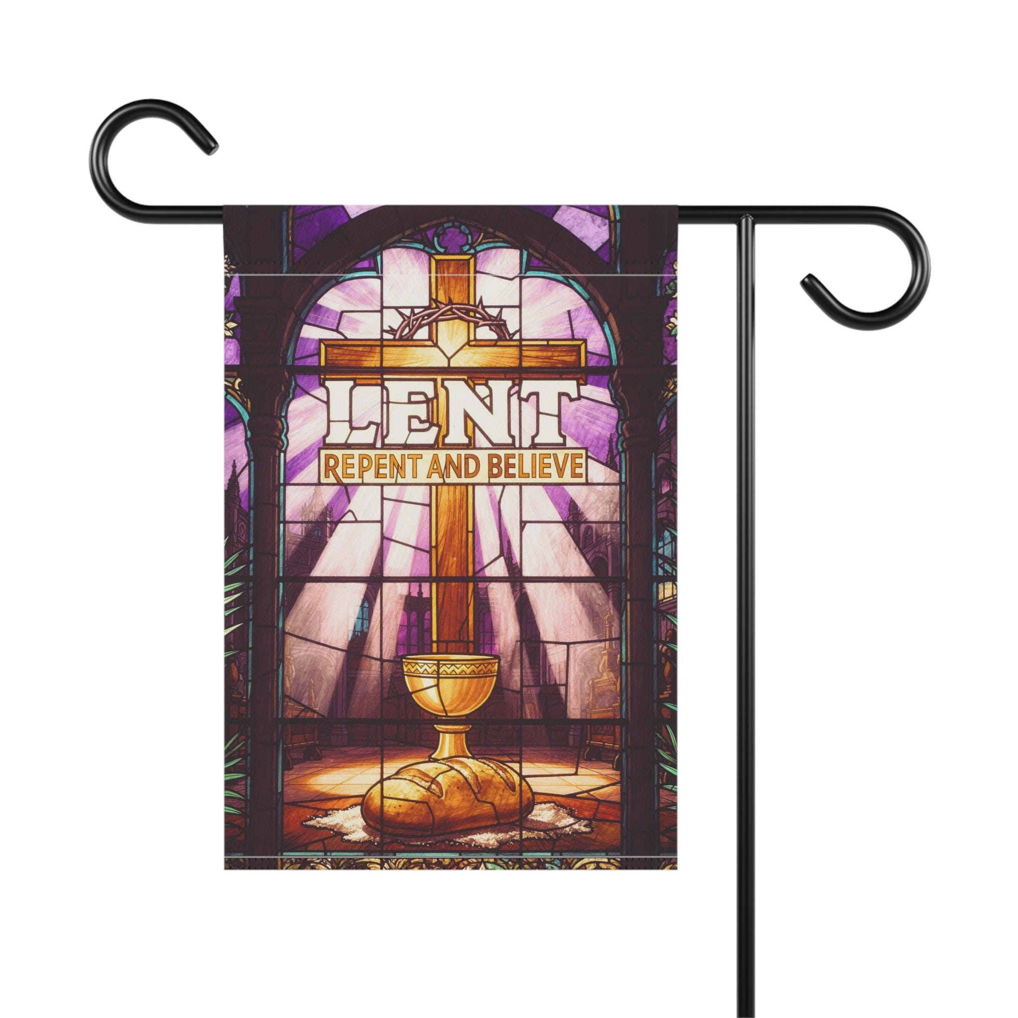 Catholic Lent Garden Banner "repent and Believe" - Stained Glass Cross ...