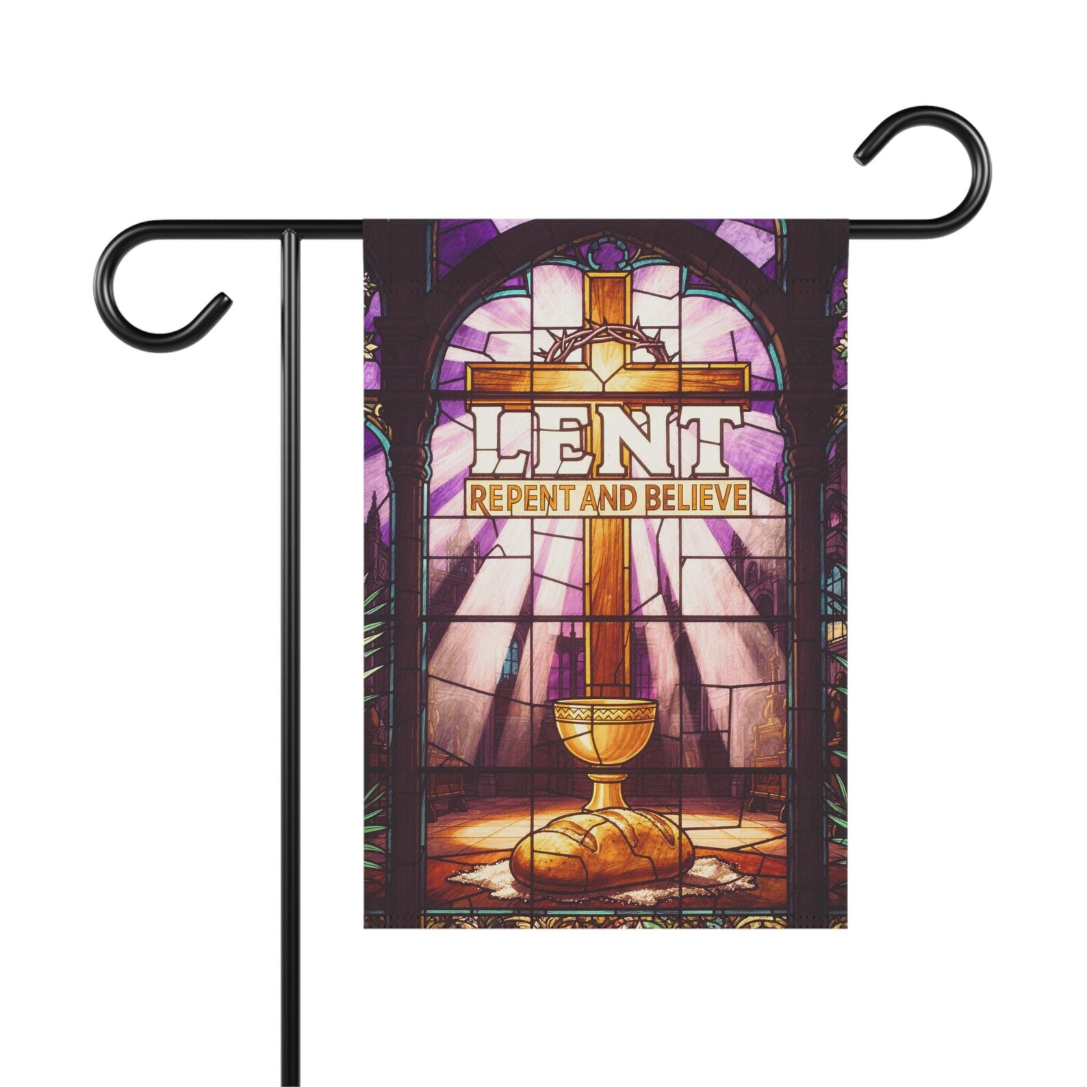 Catholic Lent Garden Banner "repent and Believe" - Stained Glass Cross ...