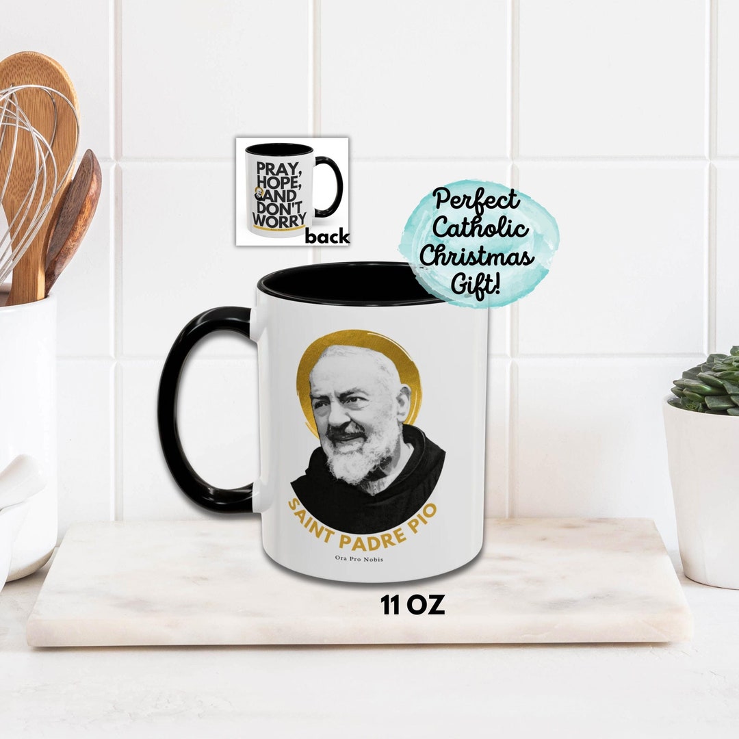 Saint Padre Pio Coffee Mug - Black, White & Gold Accent Catholic Gift ...