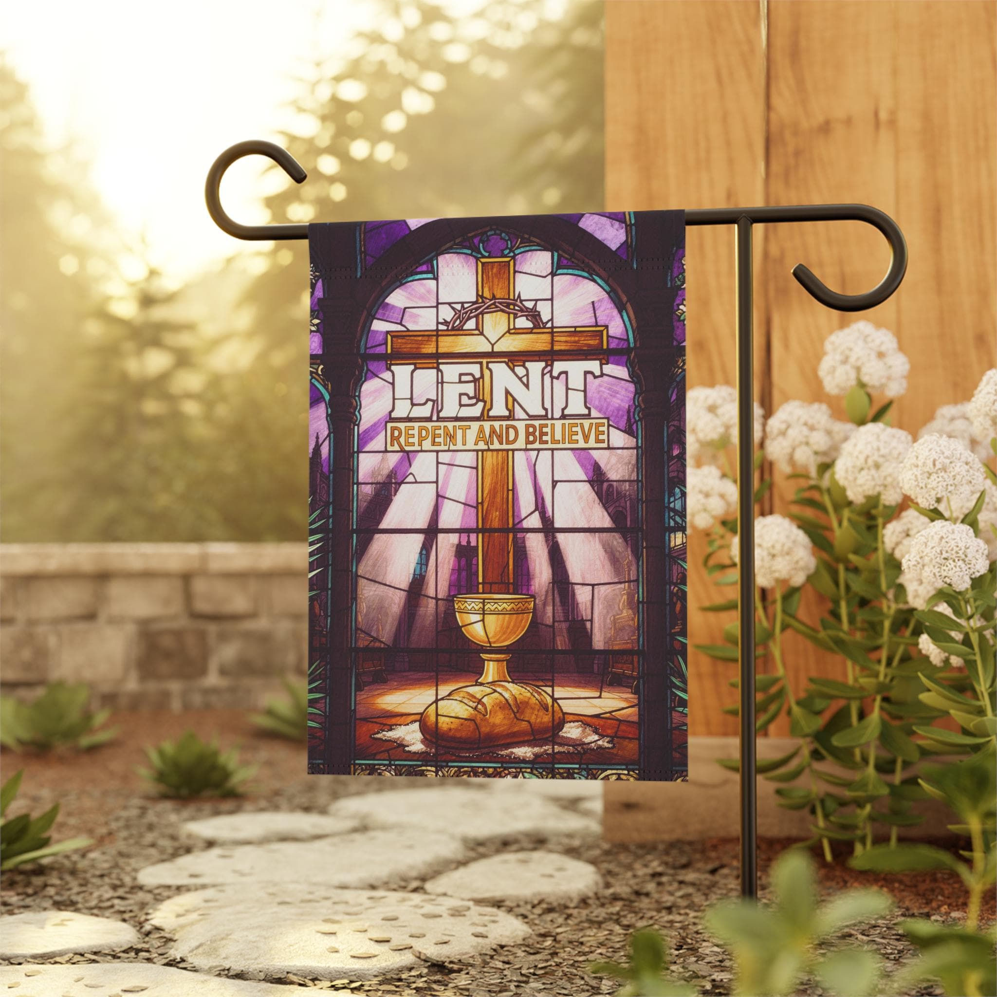 Catholic Lent Garden Banner "repent and Believe" - Stained Glass Cross ...
