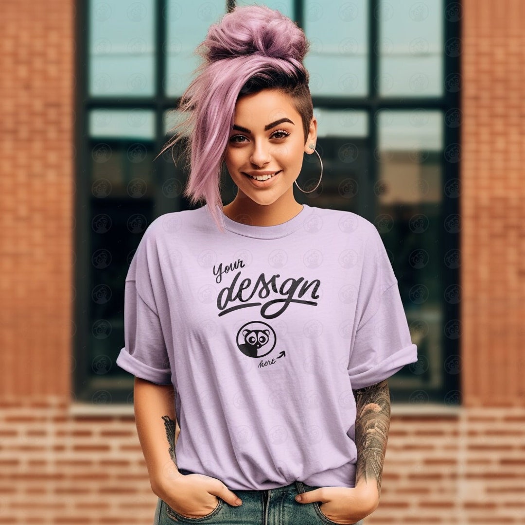 Lilac Oversize T-shirt Mockup, Punk Model Mockup, Women's Tee Mock ...