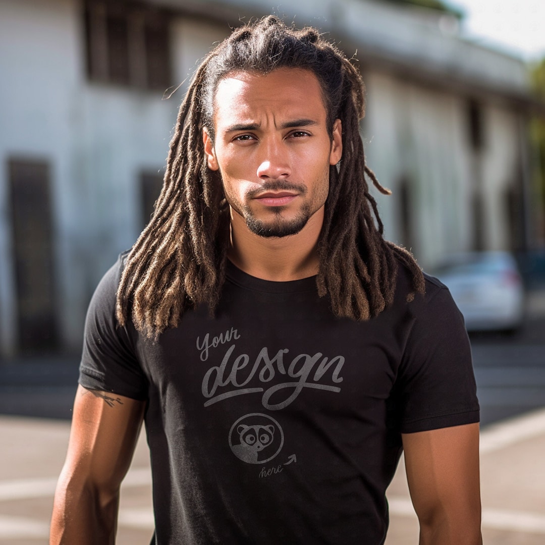Dreadlocks Man in Black T-shirt Mockup, Male Black Shirt Mockup, Model ...