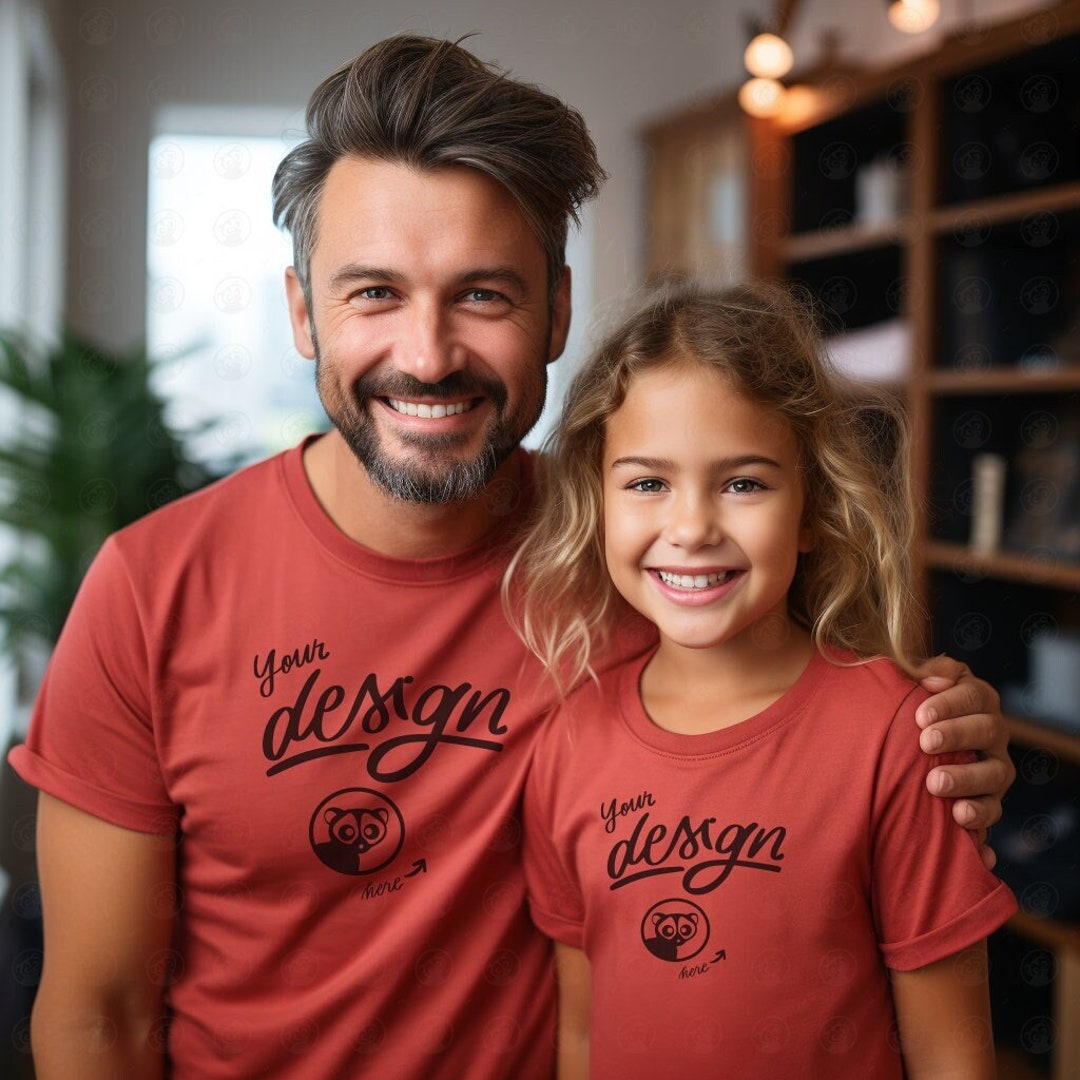 Father and Daughter Mockup, Family Matching T-shirts Mockup, Red T ...