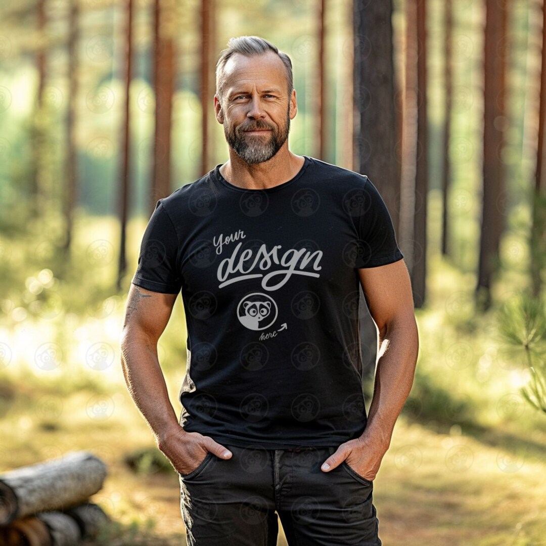 Woods Background Male Shirt Mockup, Bella Canvas Black T-shirt, Man ...
