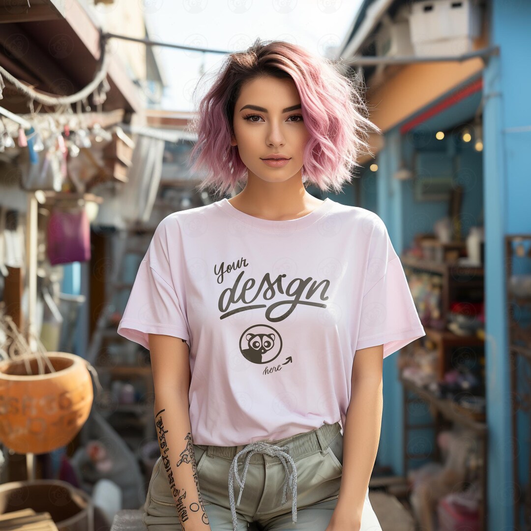 Pale Pink Woman T-shirt Mockup, Pink Hair Model Mockup, Women's Pink ...