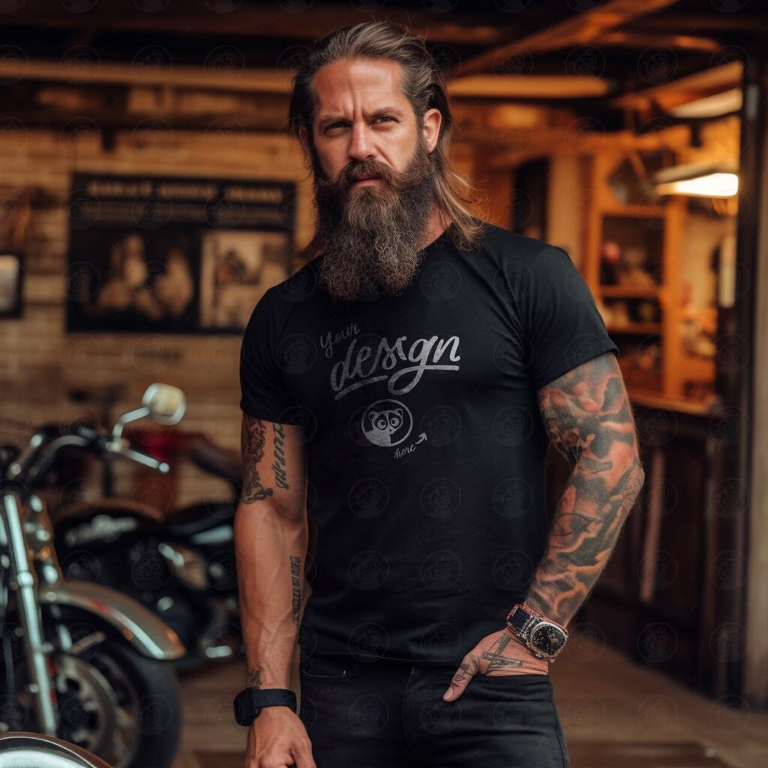 Black T-shirt Mockup, Rugged Man, Biker Vibes Mockup, Black T-shirt ...