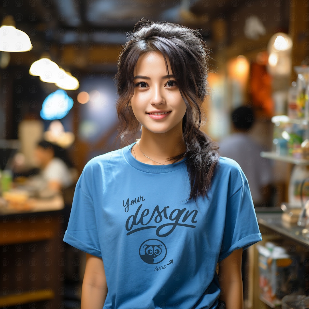 Pale Blue T Shirt Mockup Asian Woman Mockup Japanese Woman T Shirt