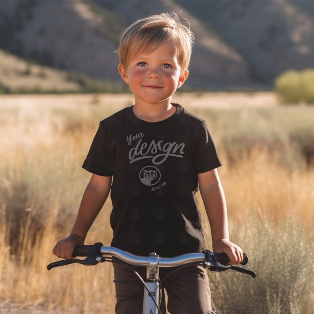 Boy on Bike Mock Up, Boy T-shirt Mockup, Black T-shirt Mockup, Kids ...