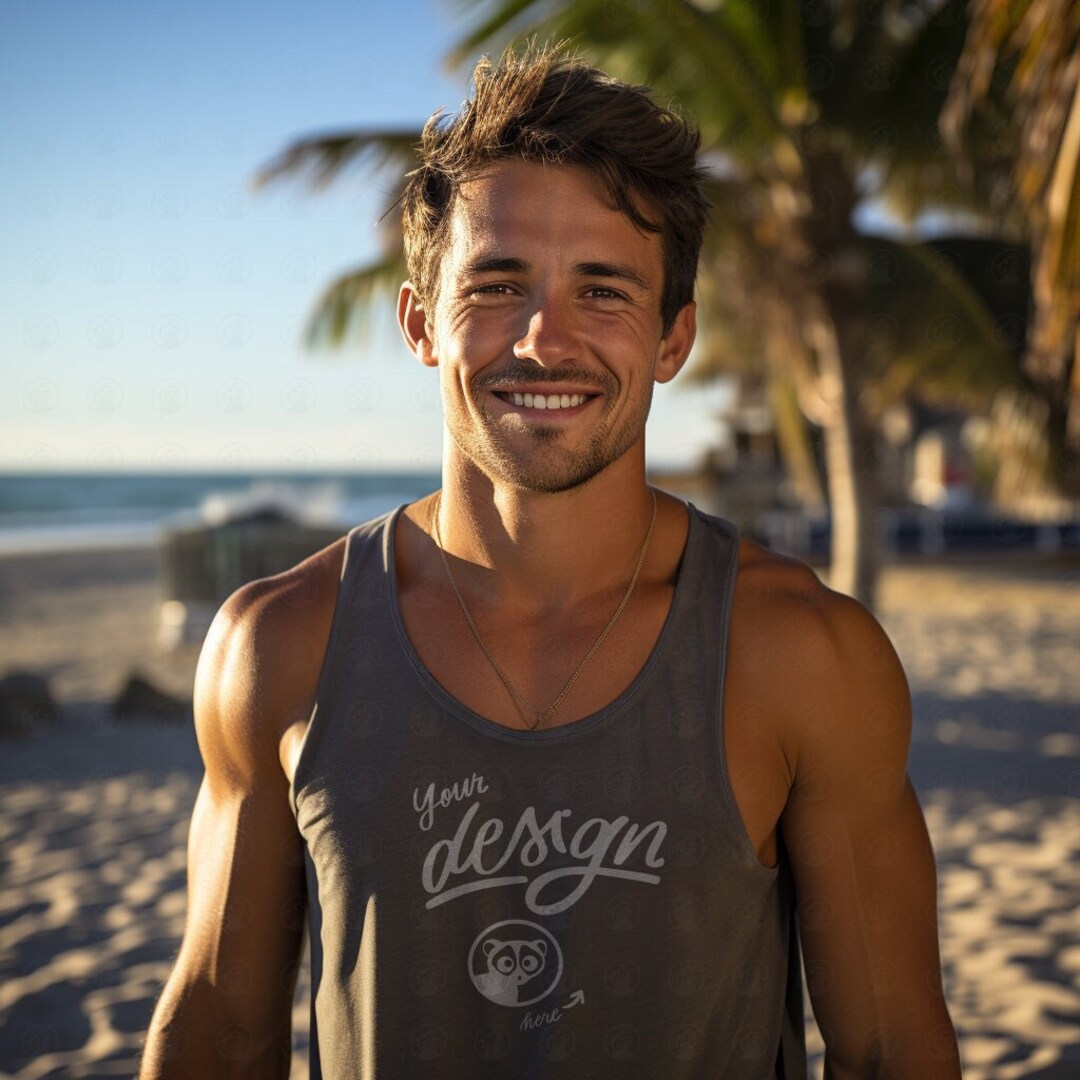 Men's Tank Top Mockup, Beach Mockup. Taupe Tank Mockup, Man Mock Up ...