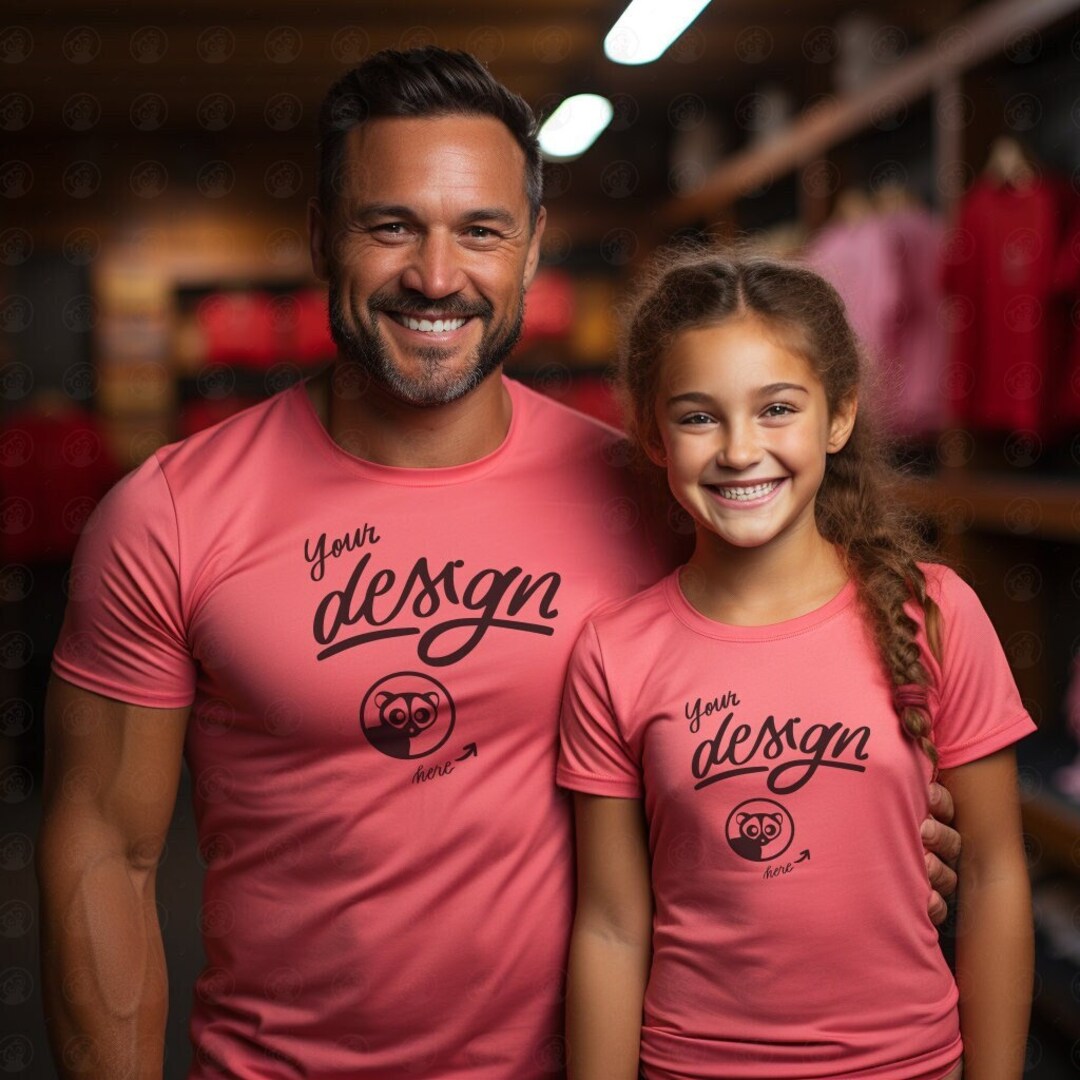 Father and Daughter Mockup, Family Matching T-shirts Mockup, Pink T ...