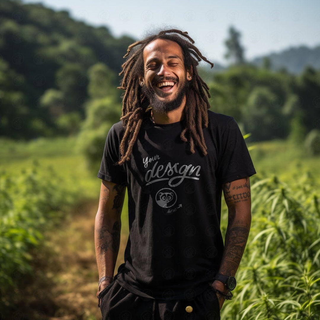 Jamaican Dreadlocks Man Mockup, Marijuana Black T-shirt Mockup, Ethnic ...