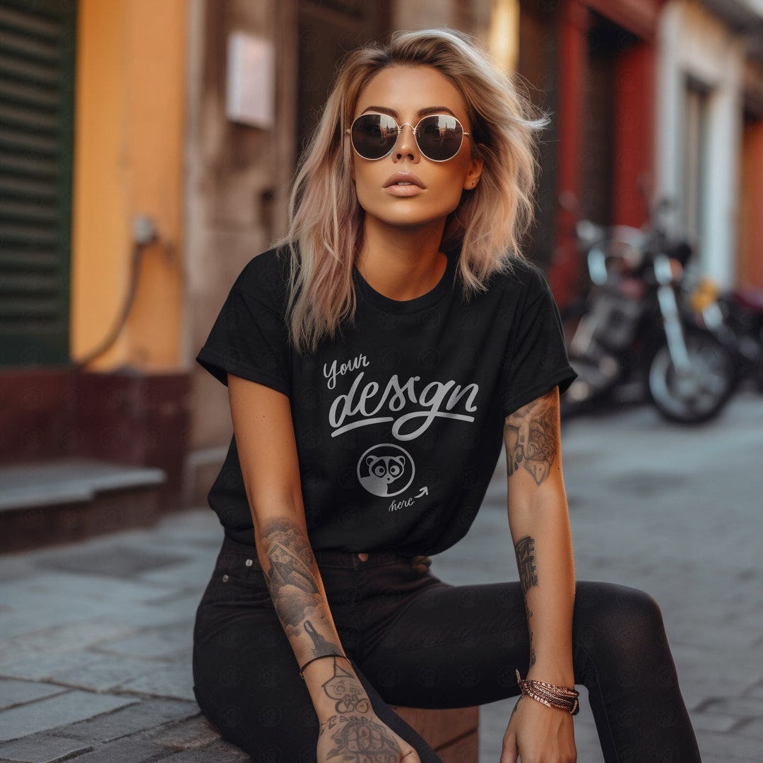 Black T-shirt Mockup, Tattoo Model Mockup, Stylish Woman Street Mockup ...