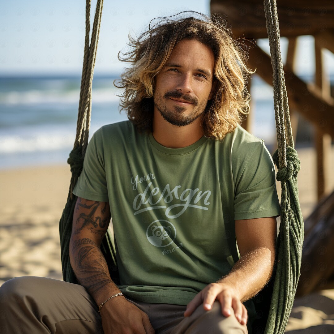 Beach Mockup, Sage Green T-shirt Mockup, Long-haired Man Mockup, Beach ...