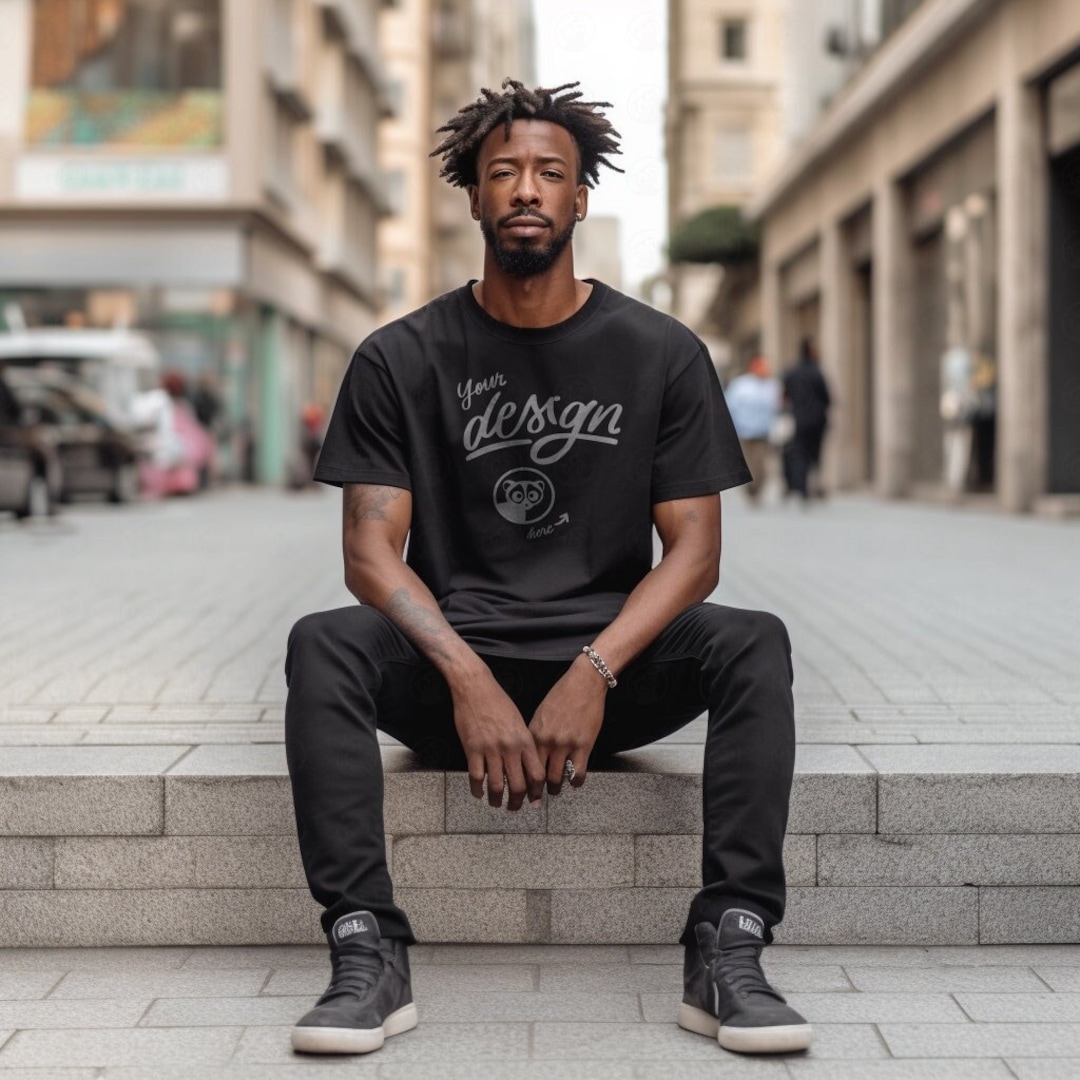Black Man in Black T-shirt Mockup, Male Black Shirt Mockup, Model Mock ...