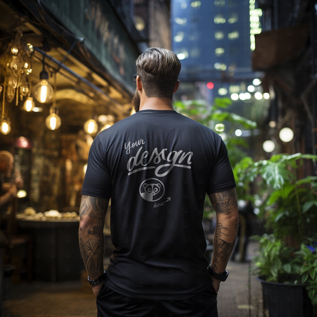 Back Look of A Black T-shirt Mockup, Man T Shirt Mockup, Male Model ...