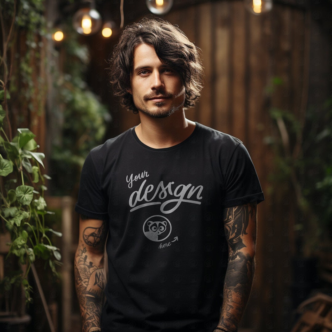 Tattooed Man Model Mockup, Black T-shirt Mockup, Urban Aesthetics, Male ...