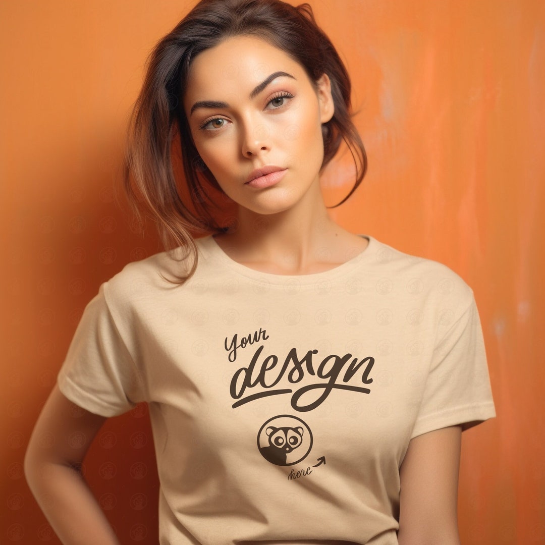 Beige T Shirt Mockup, Woman Shirt Mockup, Beige T Shirt Female Model ...