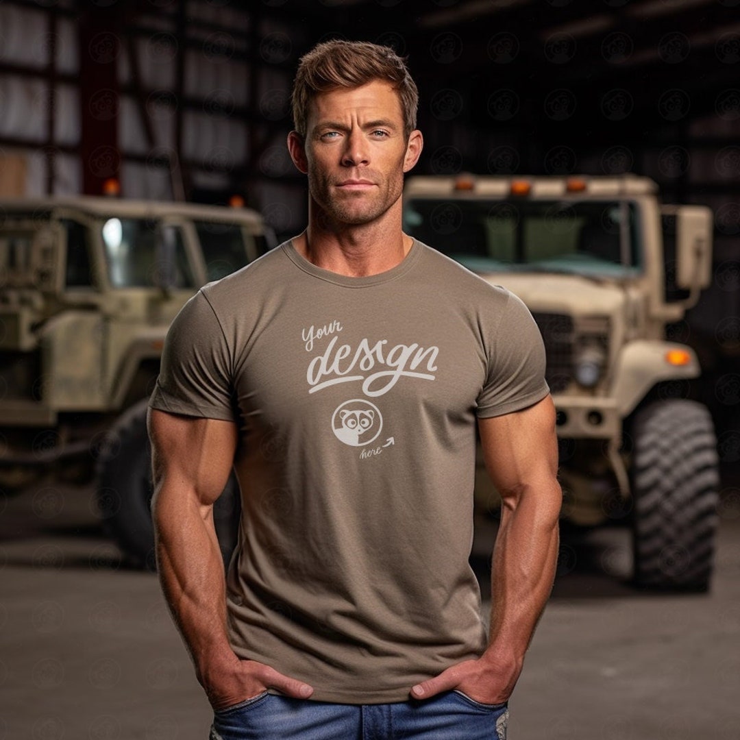 Male T-shirt Mockup, Taupe T-shirt Manly Man Mockup, Military Mockup ...