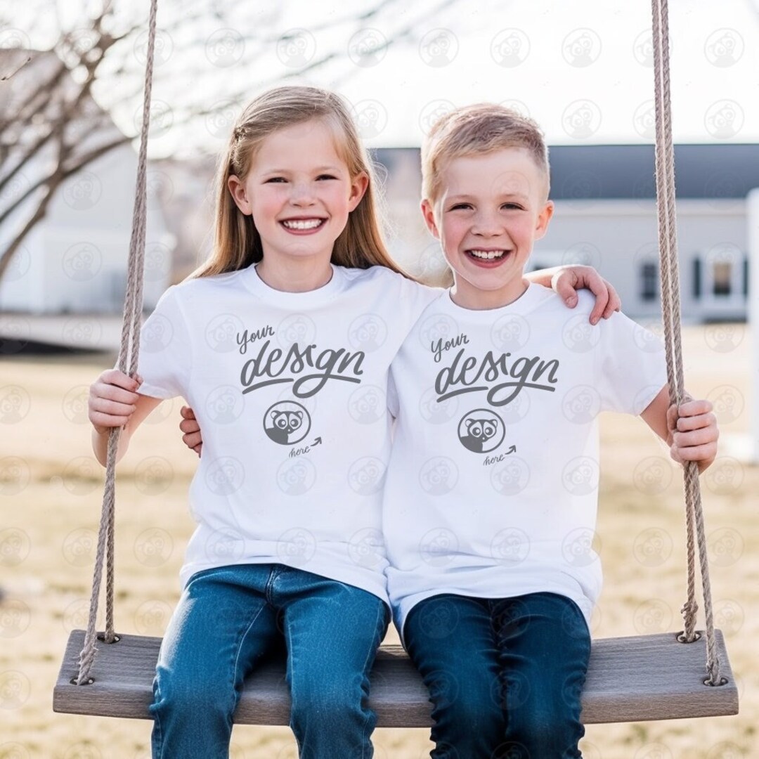 Twins Mockup, Boy and Girl T-shirt Mockup, Kids White Tshirt Mockup ...