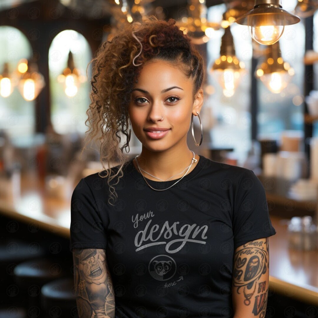 Female Model Black T-shirt Mockup, Brunette Woman in Black T Shirt ...