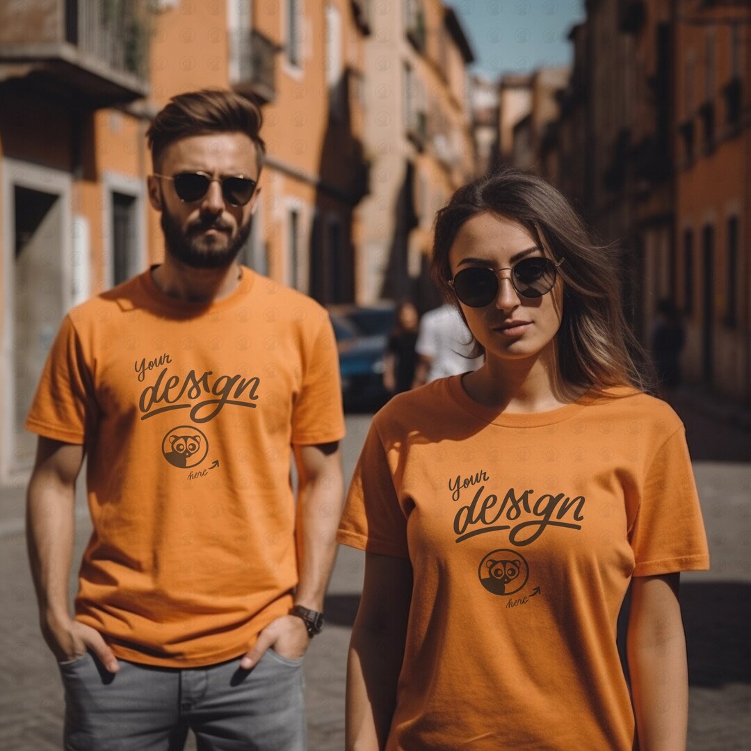 Orange Couple T Shirt Mockup, Man and Woman Mockup, Boyfriend and ...
