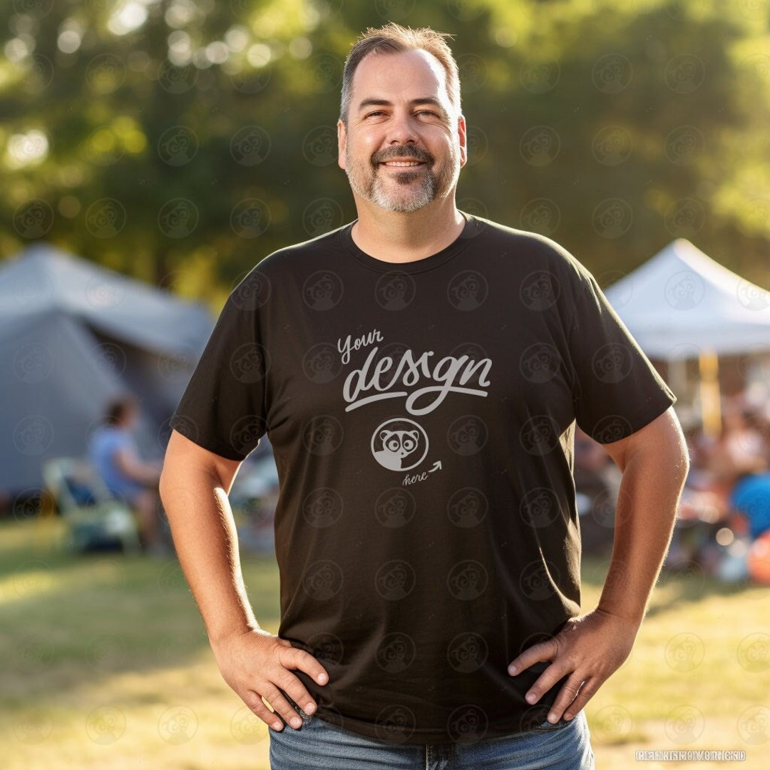 Camping Background Male Shirt Mockup, Bella Canvas Black T-shirt, Man ...
