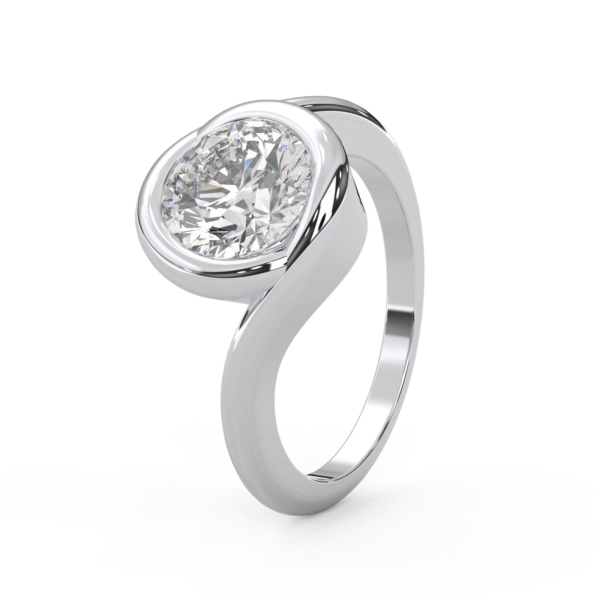 Bezel Set Ring, Swirl Bypass Diamond Ring, 2.08 Ct Round Cut Engagement ...