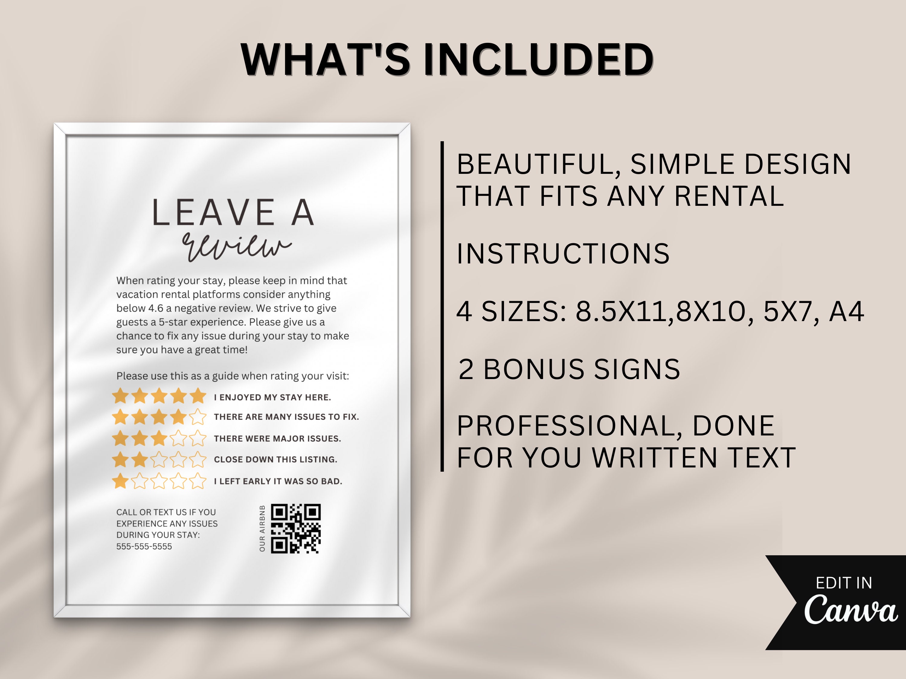 Airbnb Rating Sign, Air Bnb 5 Star Review, Airbnb Review Sign Printable ...