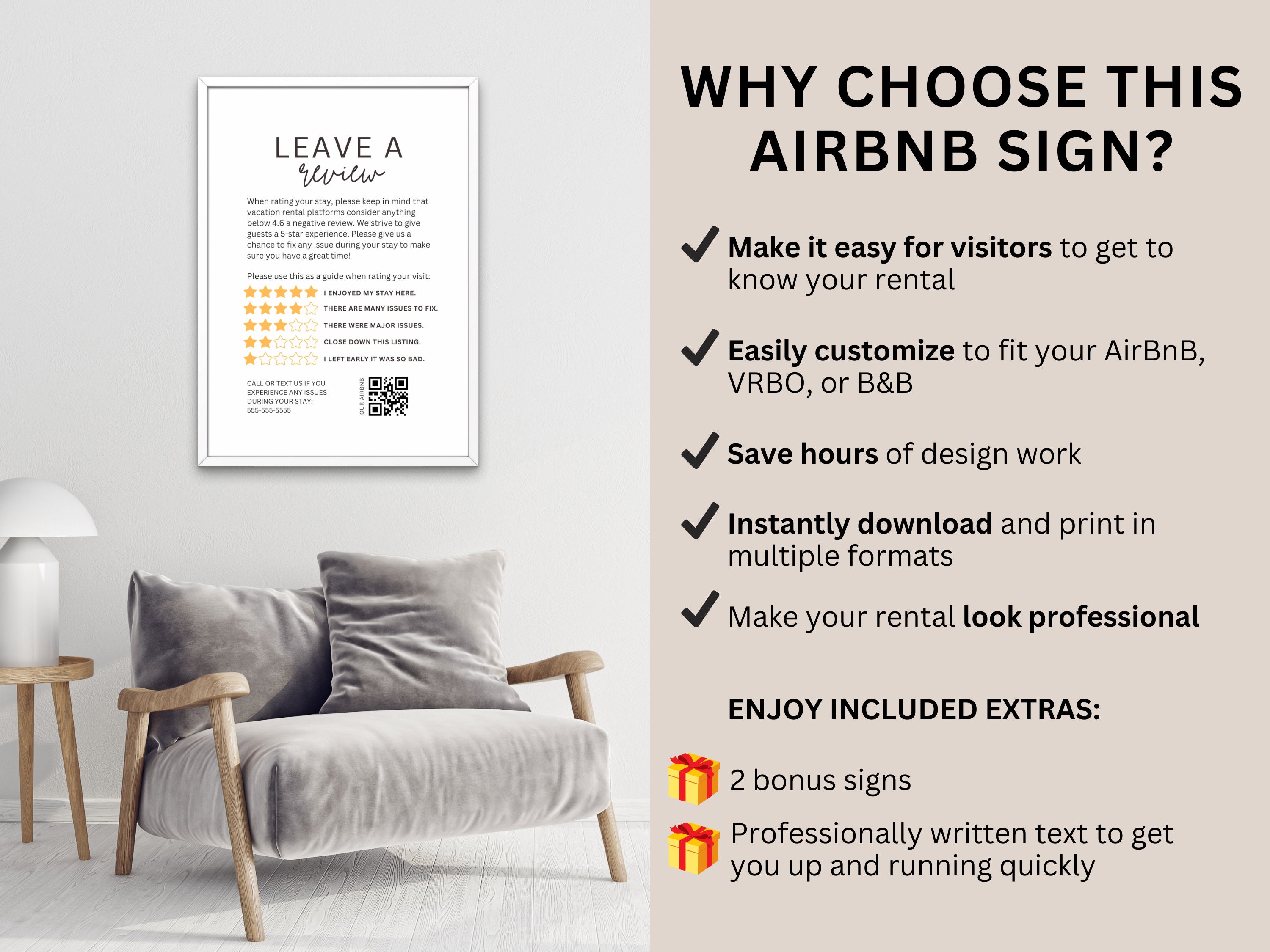 Airbnb Rating Sign, Air Bnb 5 Star Review, Airbnb Review Sign Printable ...