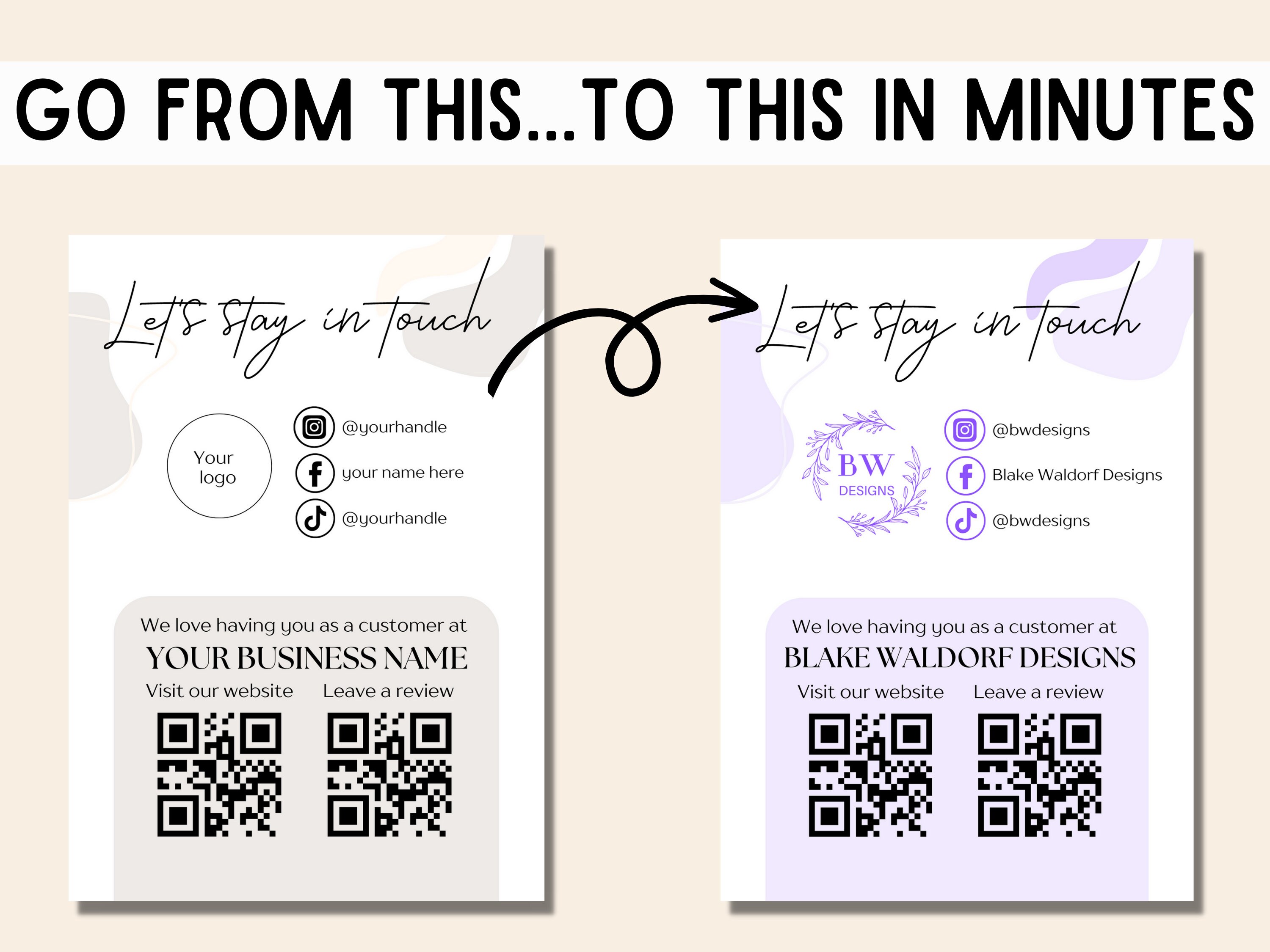 Let’s Stay in Touch Sign, Social Media Sign Template, QR Code Sign, Editable Business Sign ...