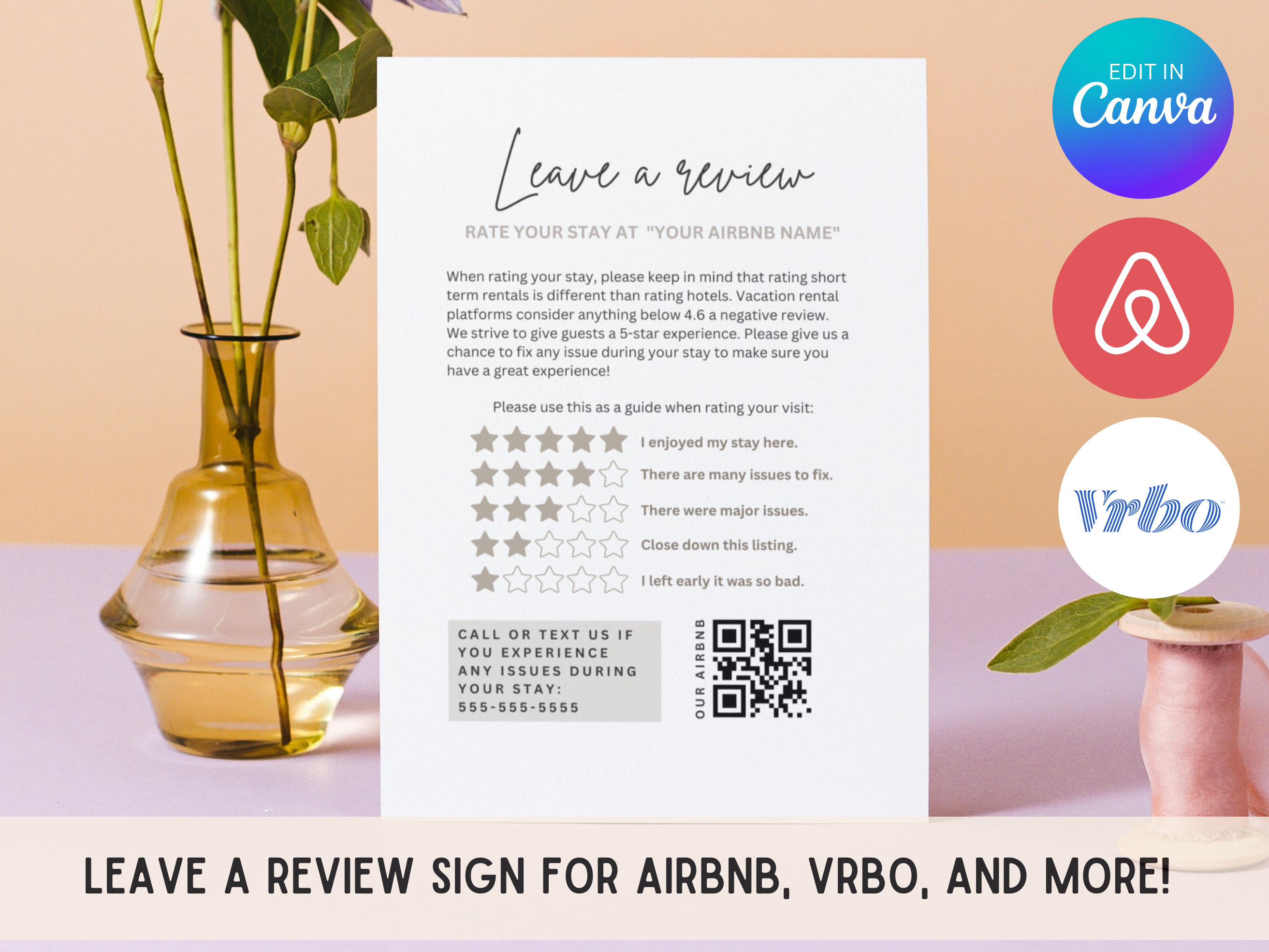 Leave Us a Review Sign, Airbnb Must Have, Airbnb Rating Sign, 5-star ...