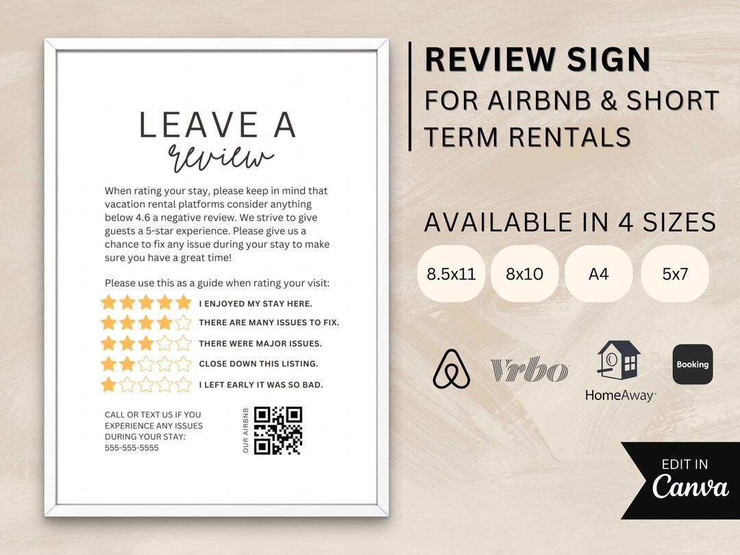 Airbnb Rating Sign, Air Bnb 5 Star Review, Airbnb Review Sign Printable ...