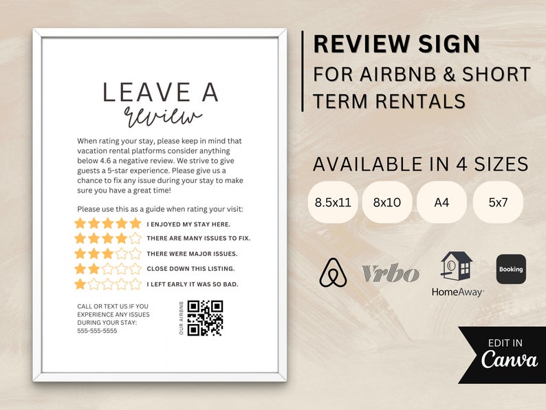 Airbnb Rating Sign, Air Bnb 5 Star Review, Airbnb Review Sign Printable ...