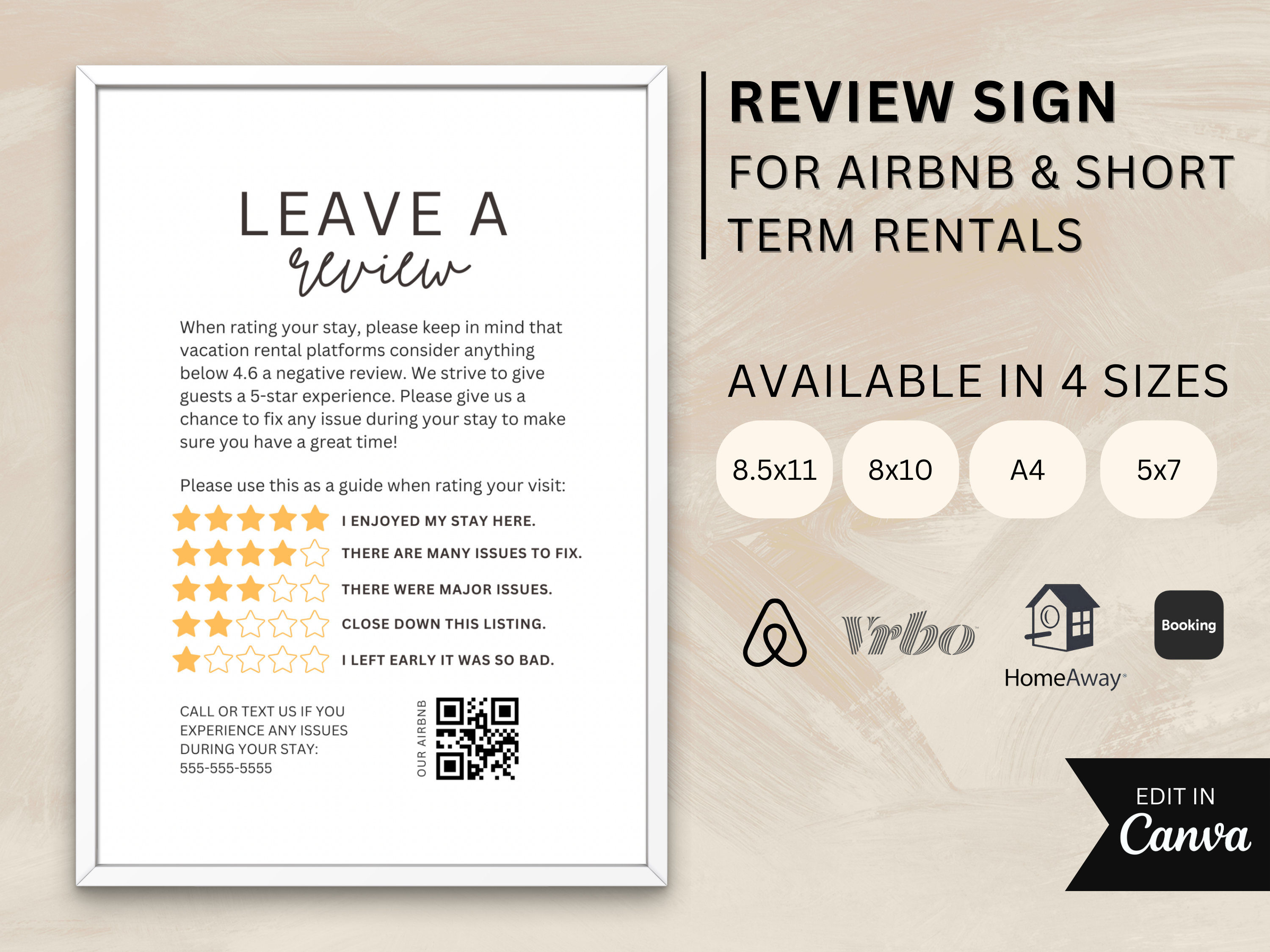 Airbnb Rating Sign, Air Bnb 5 Star Review, Airbnb Review Sign Printable ...