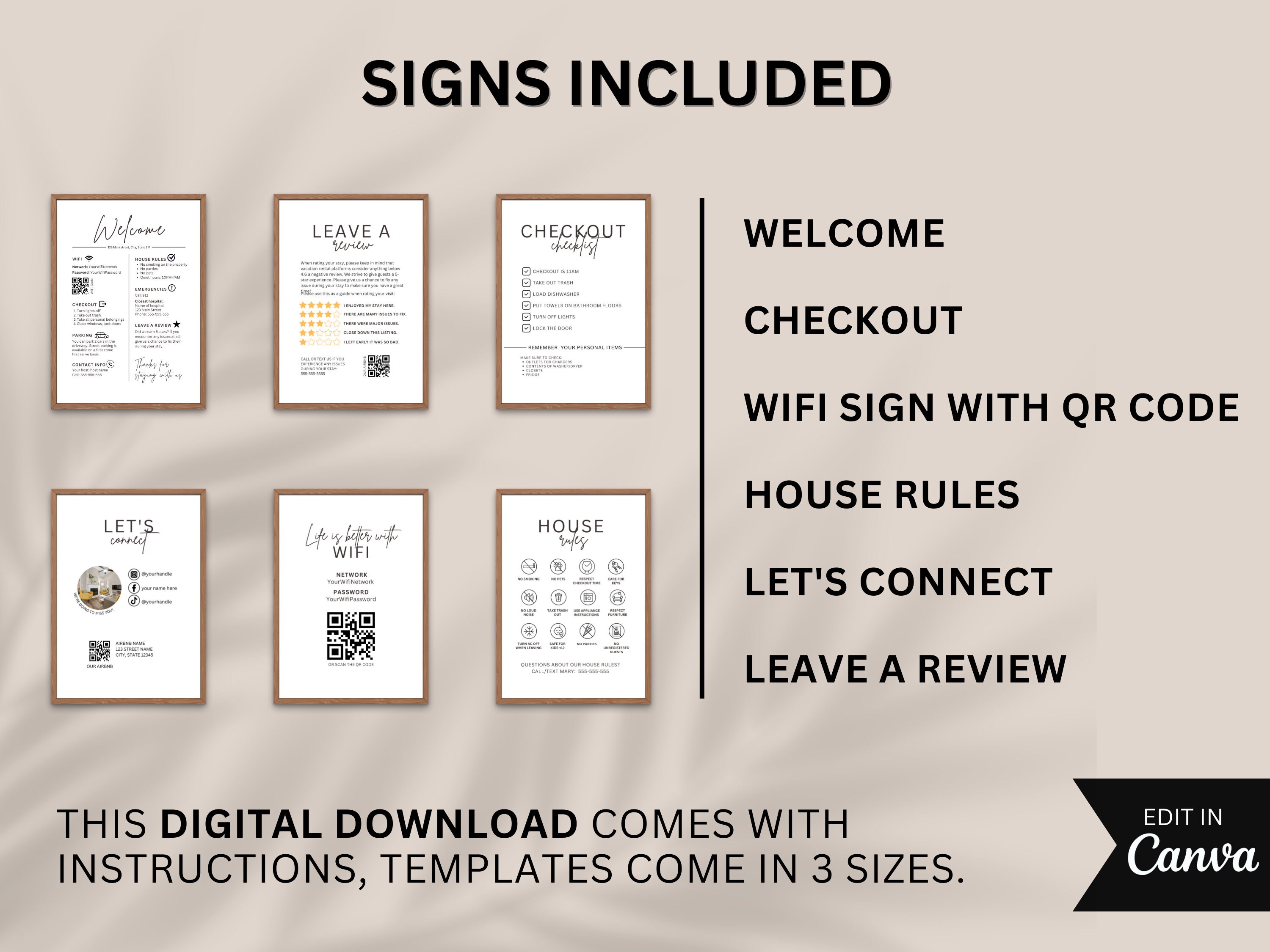 Airbnb Sign Bundle Template, Airbnb Signage, Vacation Rental, Wifi Sign ...